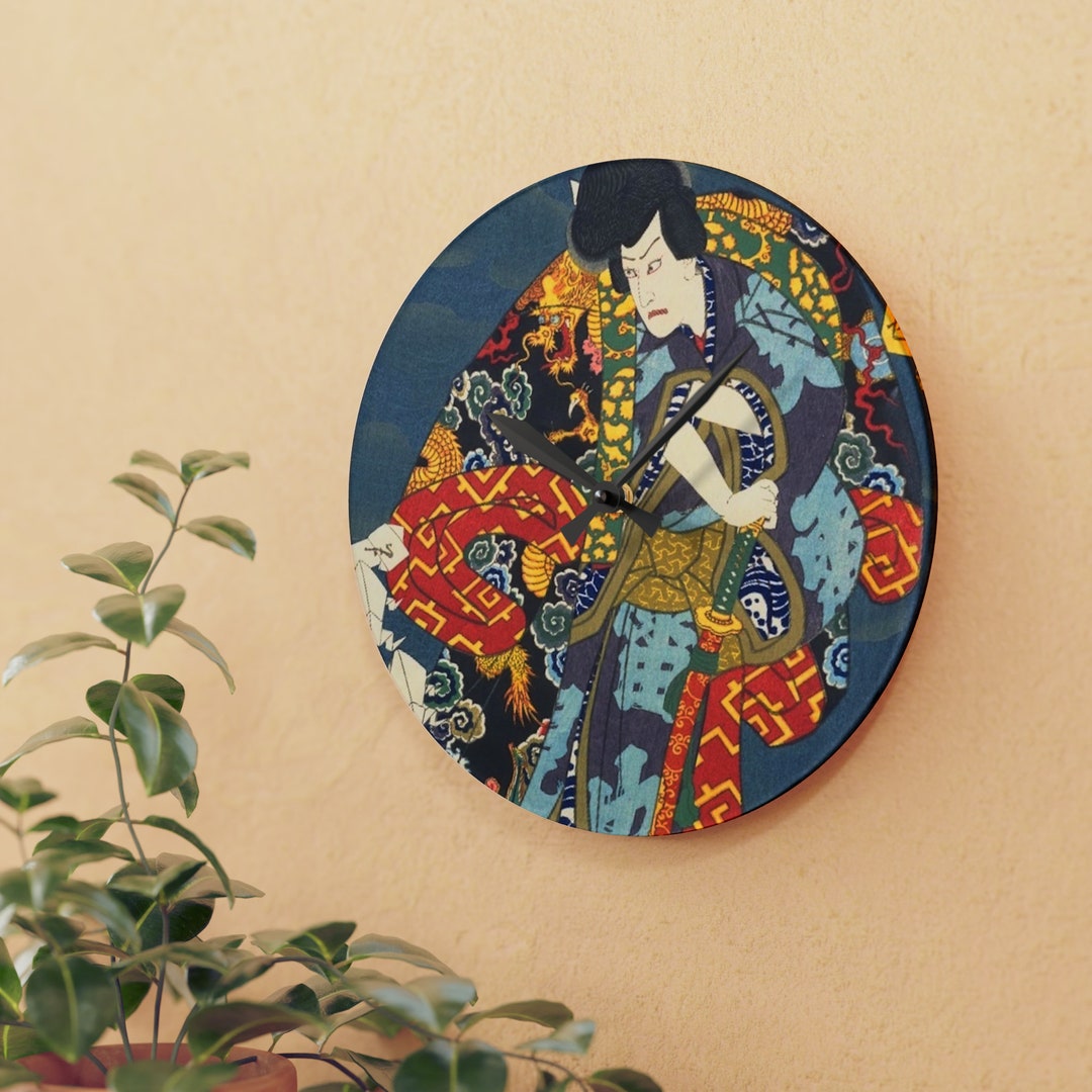 Japanese Kabuki Ninja Samurai Acrylic Round Wall Clock, Japanese Clock ...