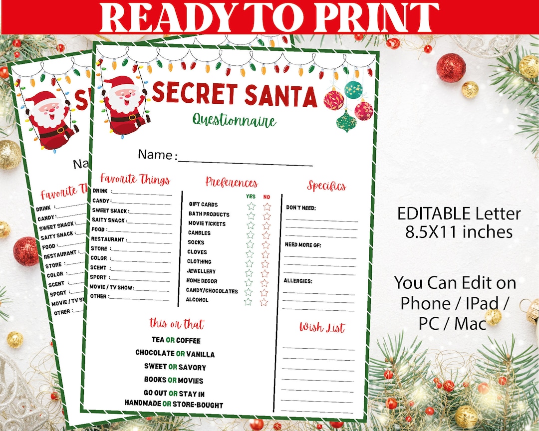 Secret Santa Questionnaire PDF PRINTABLE, Holiday Gift Exchange Flyer ...
