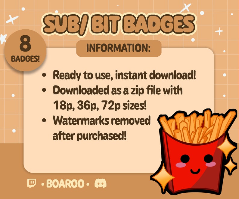 8x Kawaii Potato Chip Sub / Bit Badges Twitch, Discord, Youtube - Etsy