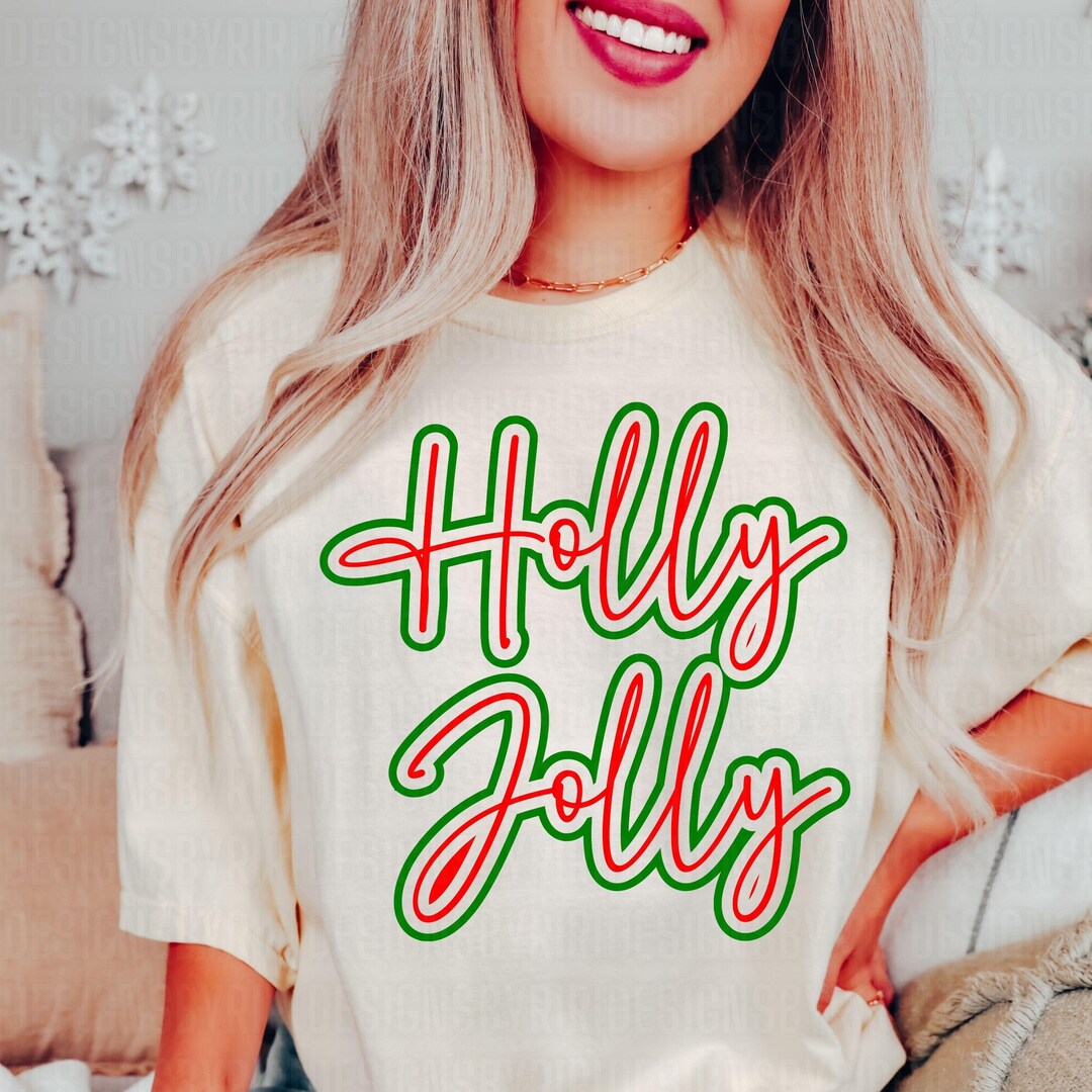 Christmas SVG Cut File, Holly Jolly Outlined SVG, DXF, and Png Digital ...