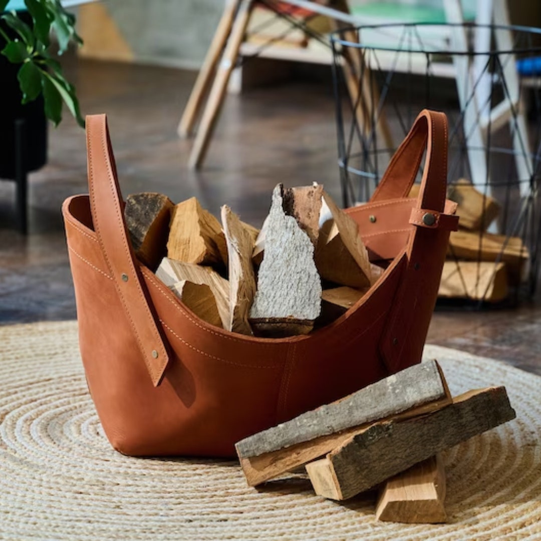 Vintage Wood Carrier With Handles Leather Firewood Holder - Etsy