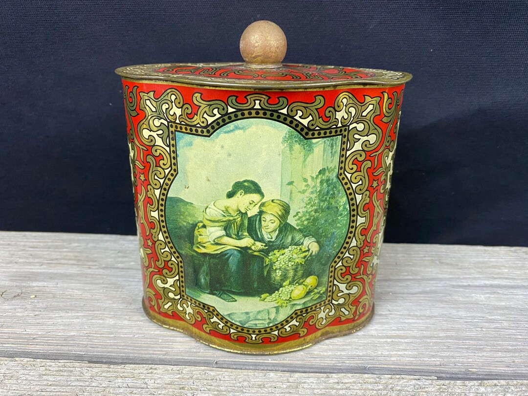 Vintage Lidded Metal Container Tin Scalloped Red Gold Western Germany ...