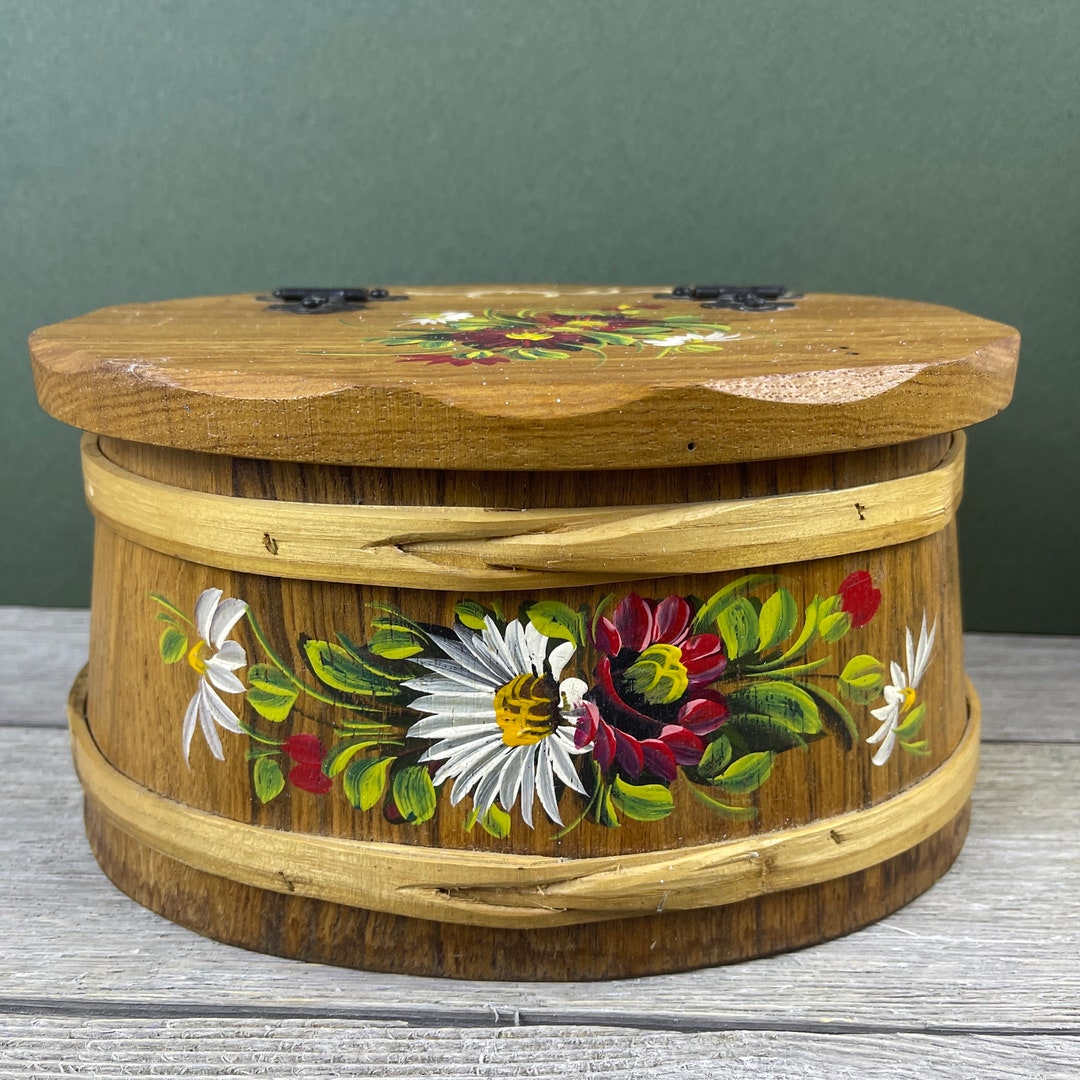 Vintage Hand Painted Wooden Barrel Box, Hinged Lid Storage Box - Etsy
