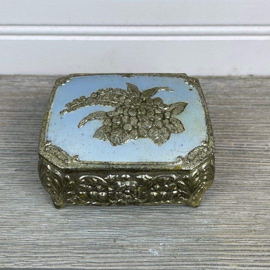 Vintage Silver Toned Jewelry Casket: Floral Embossed Box With Blue Lid ...
