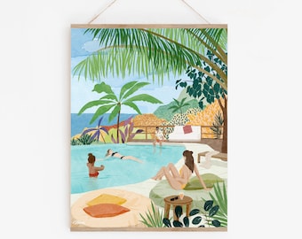 Pool Day Print, Tropical Wall Art, Women Swimming, Pool Day, Summer ...