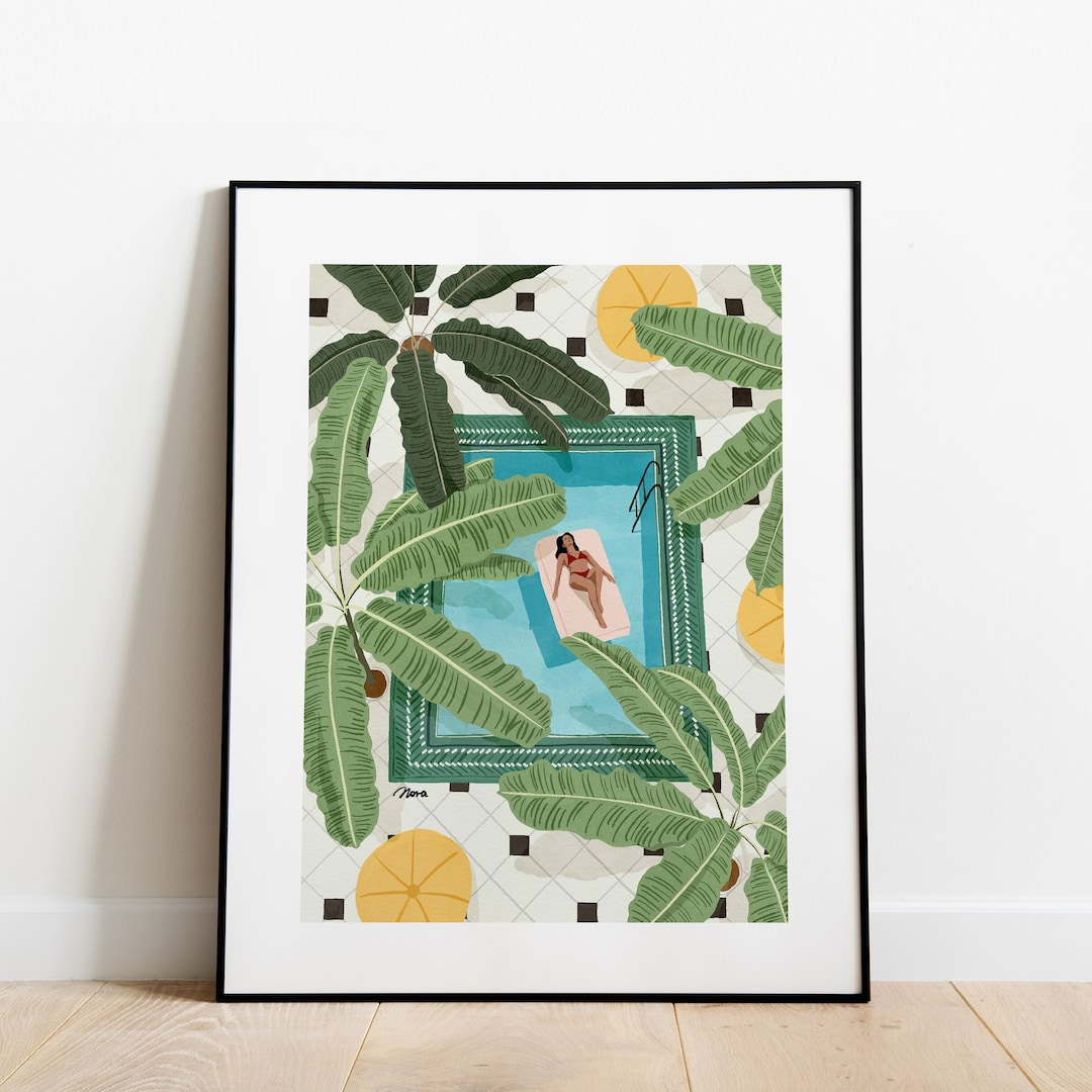 Poolside Sunbathing Art Print, Tropical Palm Trees, Gouache Style ...