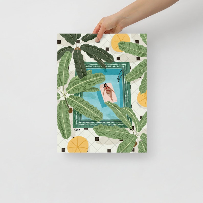 Poolside Sunbathing Art Print, Tropical Palm Trees, Gouache Style ...