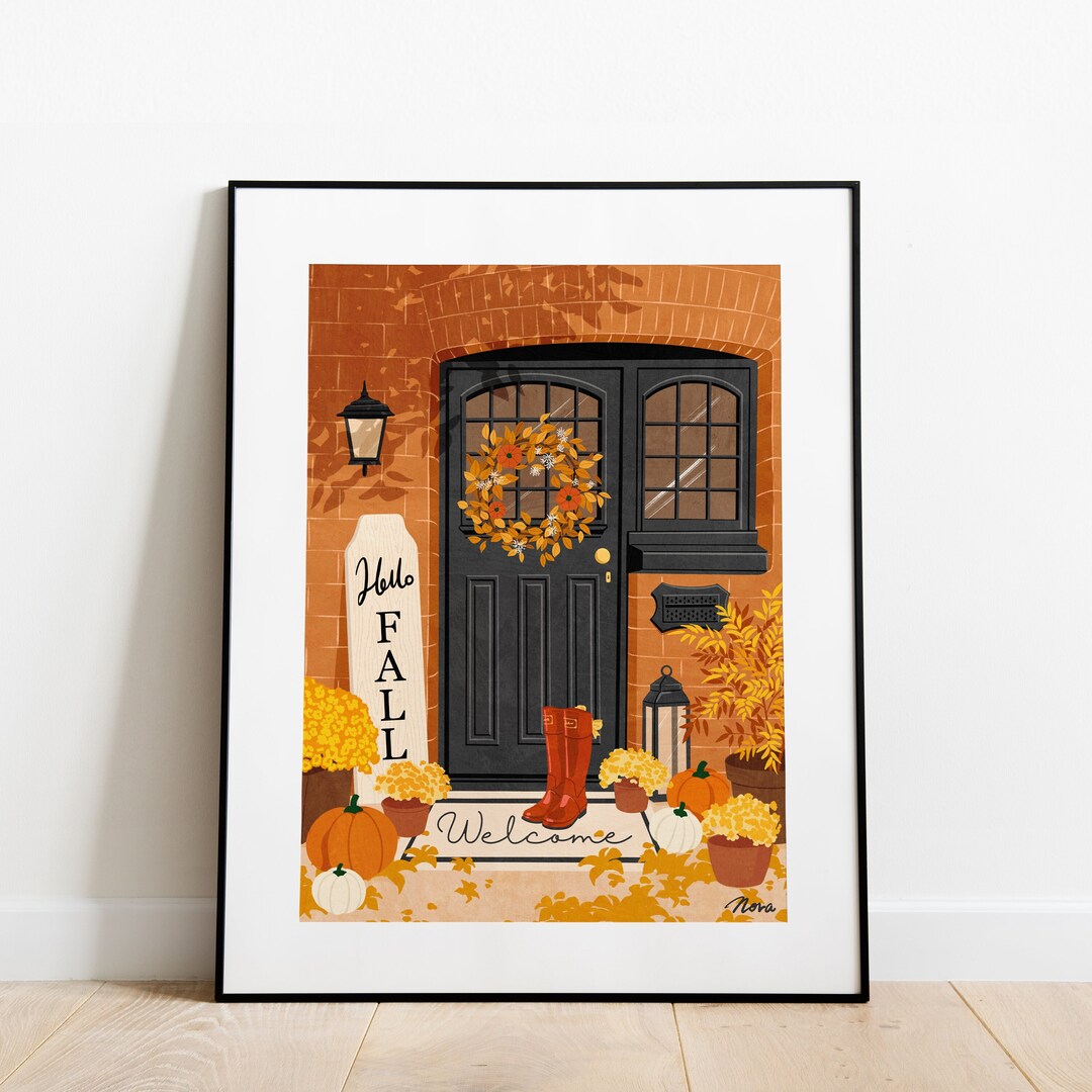 Hello Fall Art Poster, Fall Front Door Art Print, Fall Holiday Wreath ...