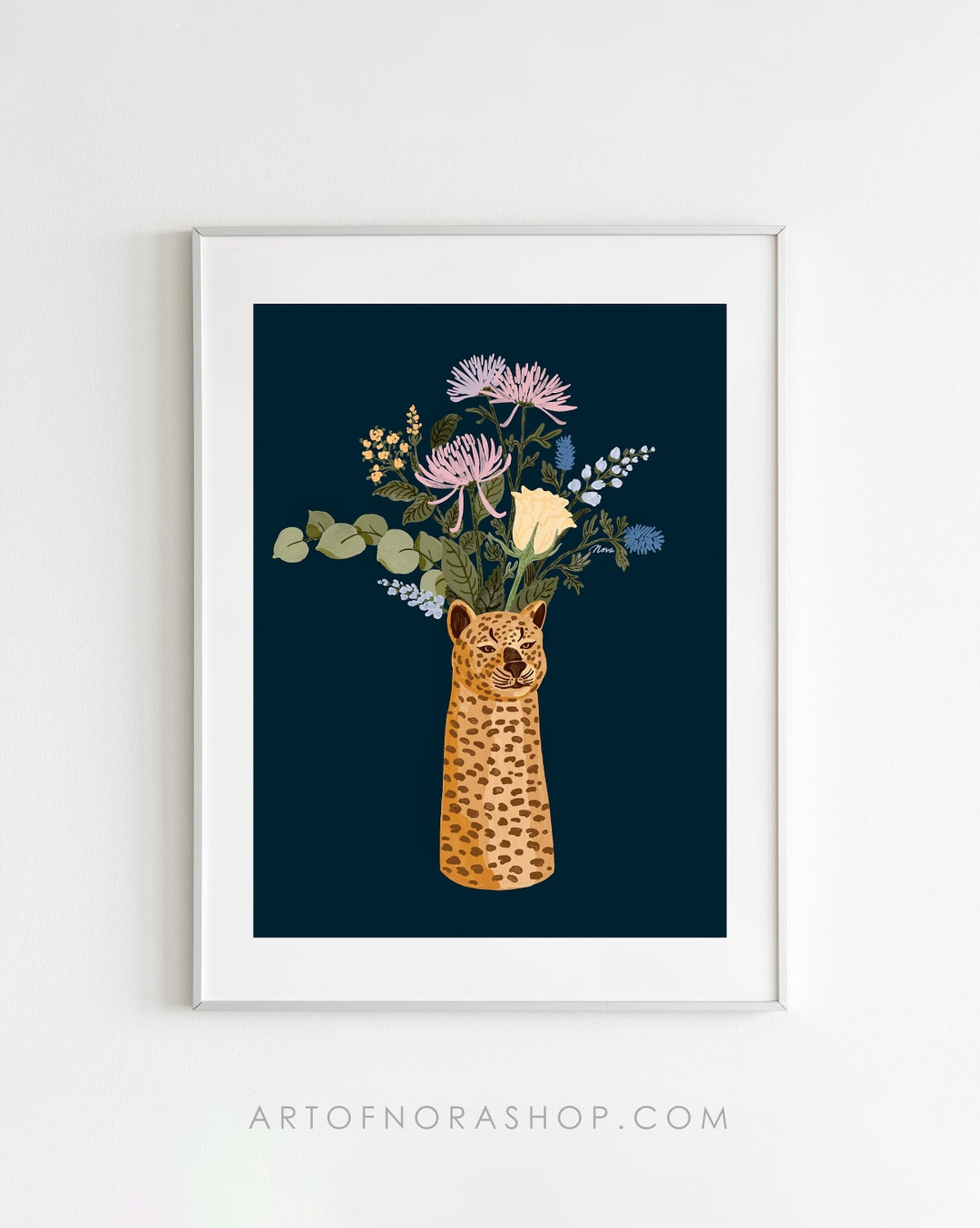 Leopard and Flower Art Print, Midcentury Modern Floral Wall Art, Potted ...