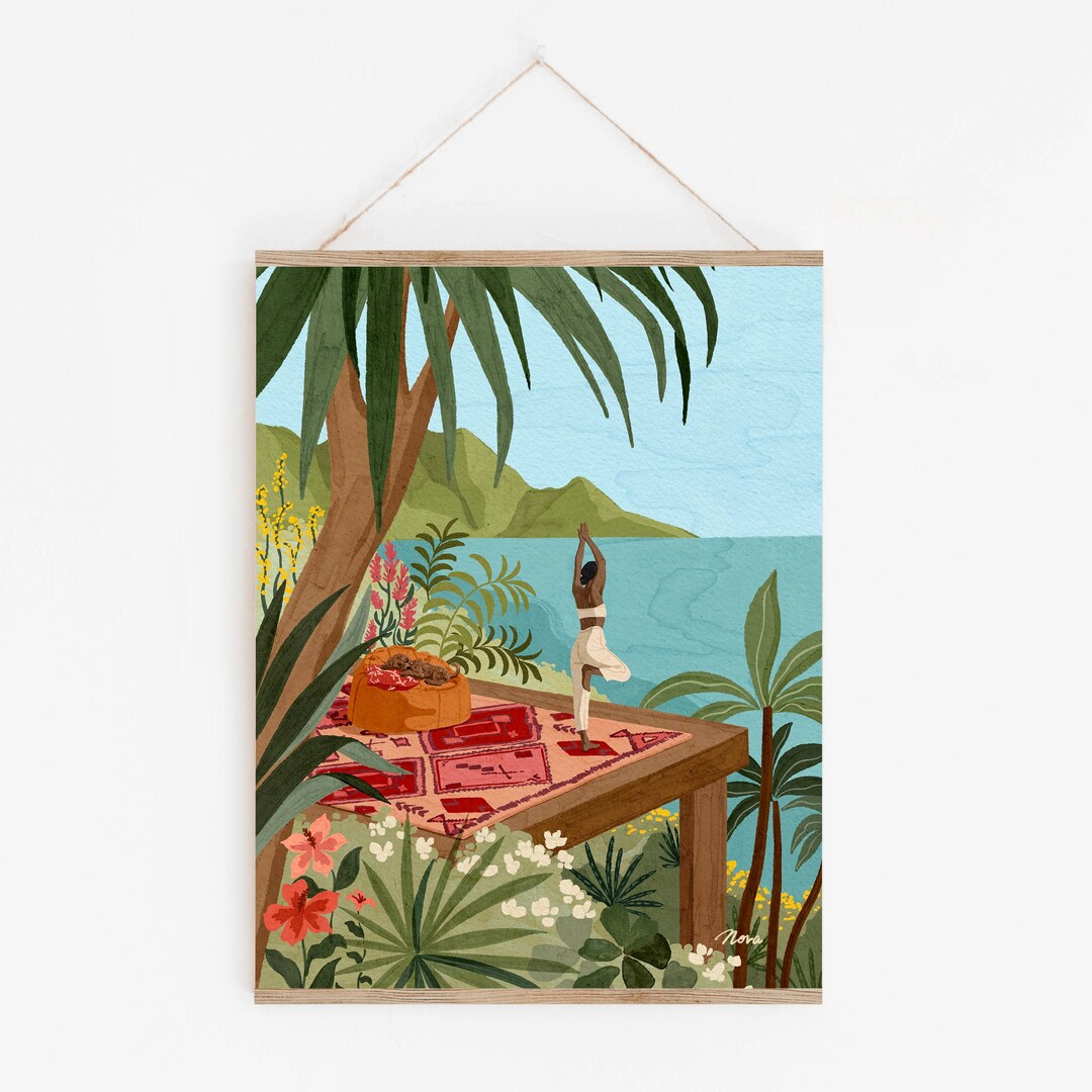 Yoga Women With Puppy Art Print, Peaceful Tropical and Ocean Landscape ...