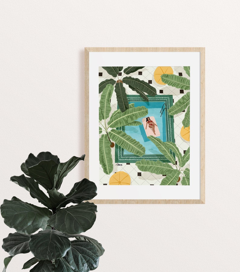 Poolside Sunbathing Art Print, Tropical Palm Trees, Gouache Style ...