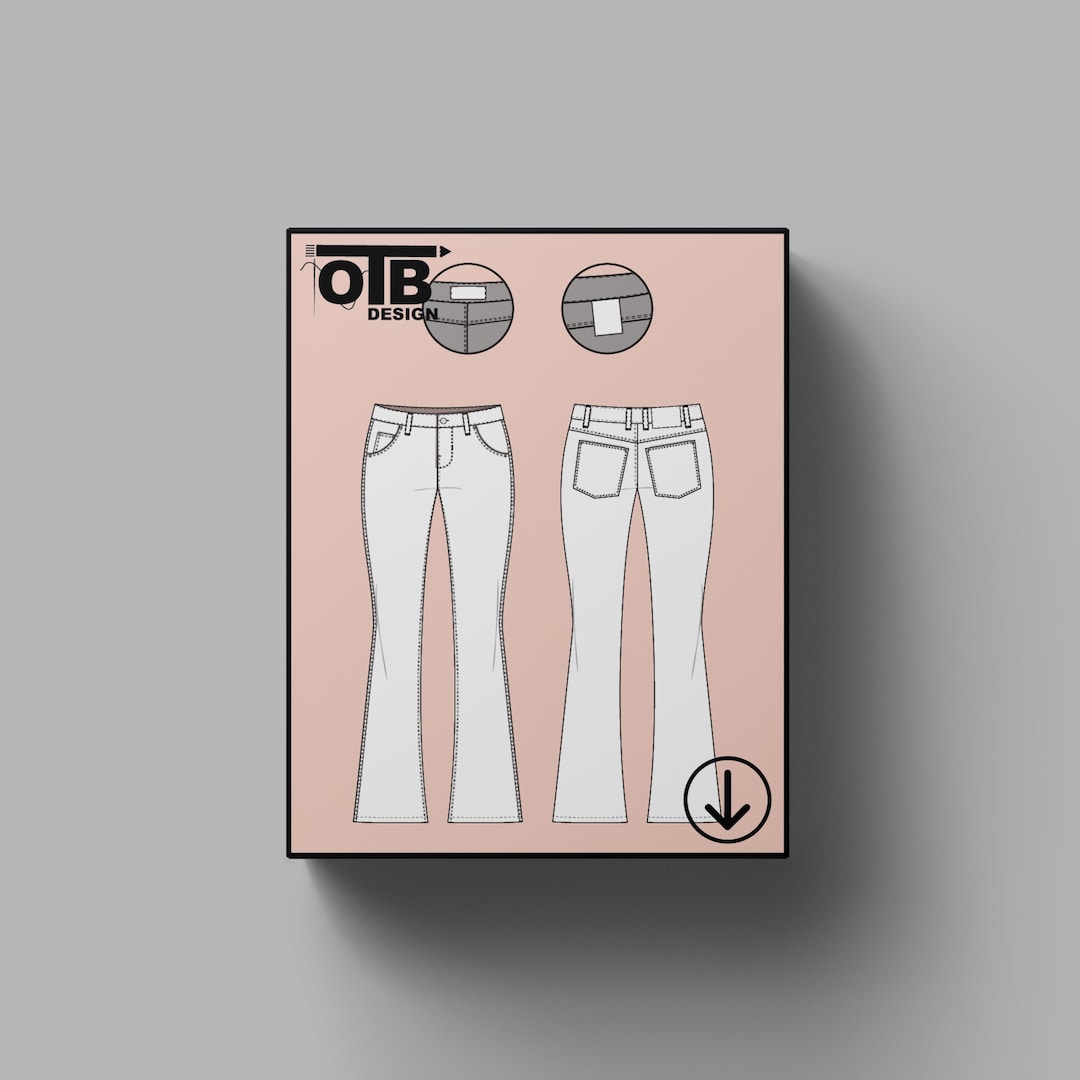 OTB Mid-rise Flare Jeans Vector Flat Technical Drawing Illustration ...