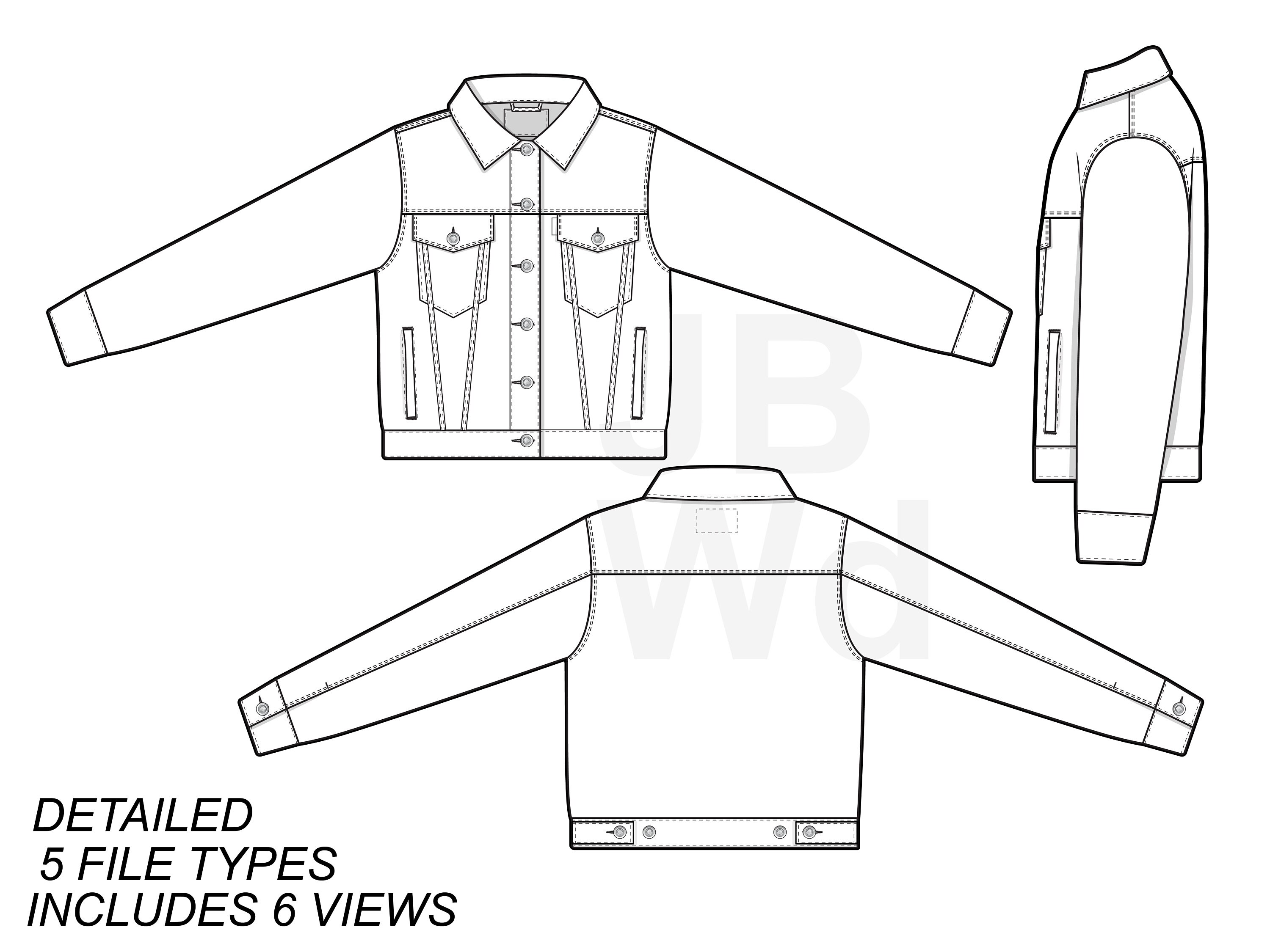 Women Jean Denim Jacket Cropped Flat Technical Drawing Illustration ...