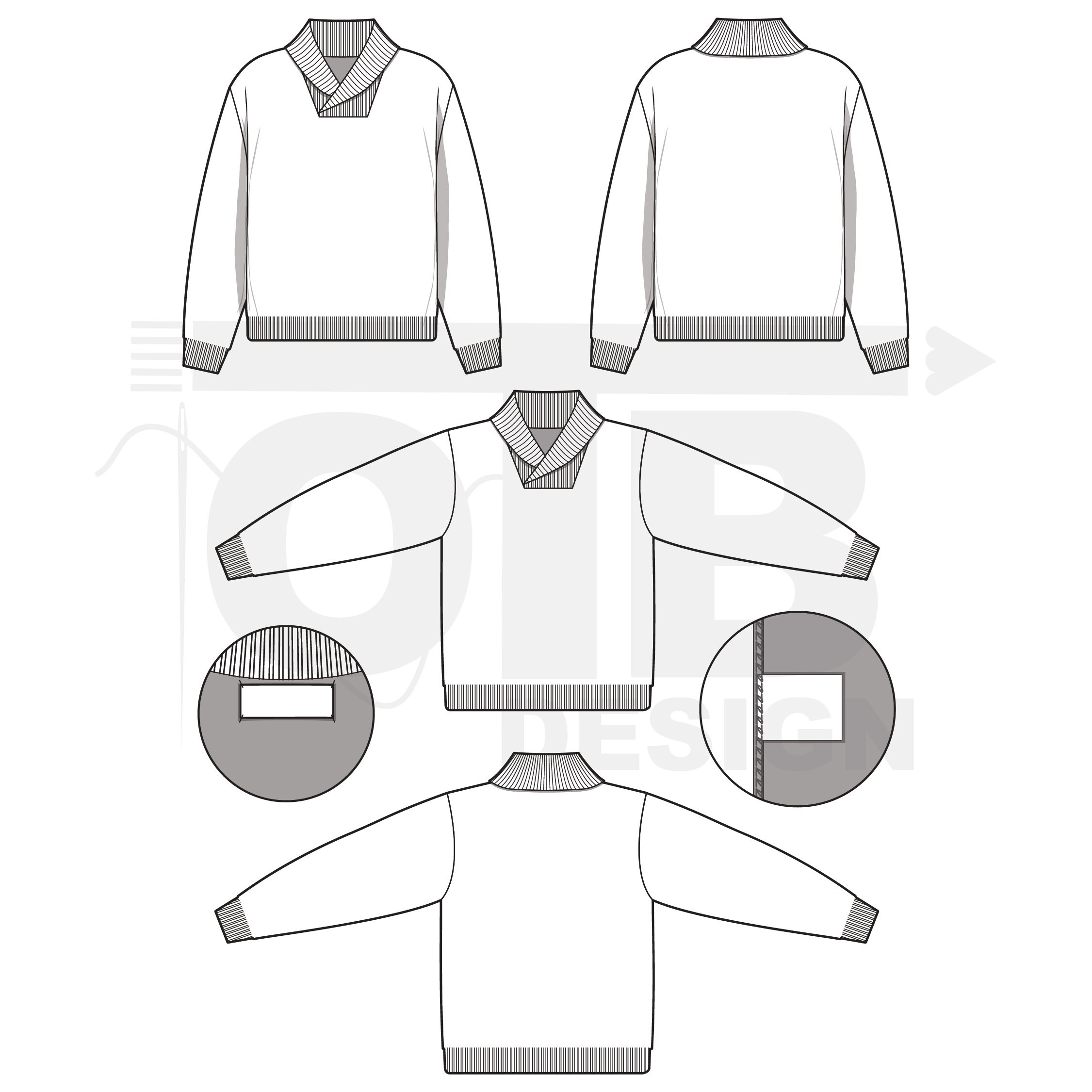 Shawl Collar Sweater Flat Vector Technical Drawing Illustration Mock-up ...