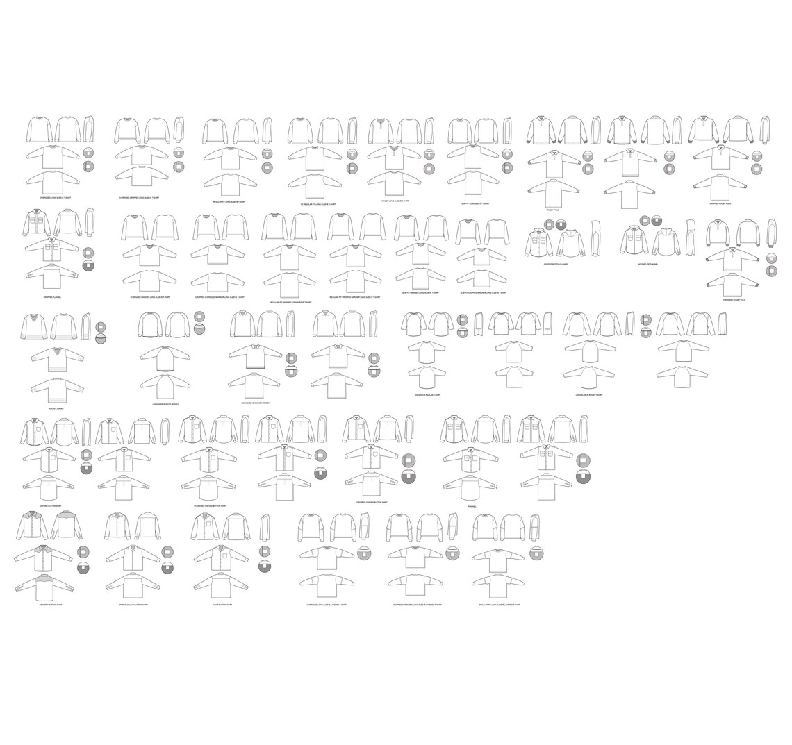 OTB Long Sleeve Tops Bundle Vectors Technical Drawing Illustration ...