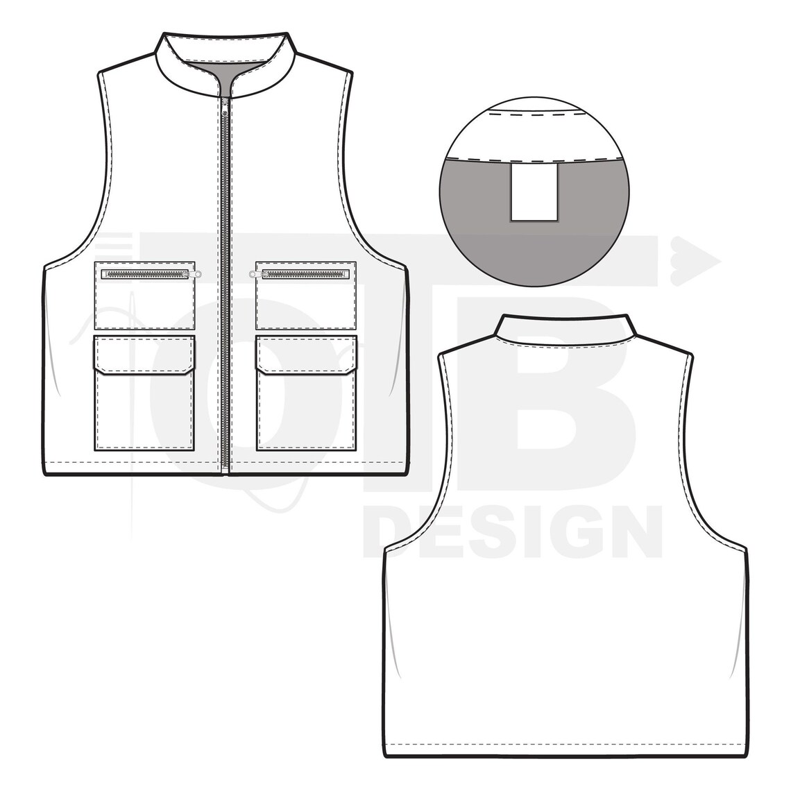 Tactical Zip Vest Pockets Vector Flat Technical Drawing Illustration ...