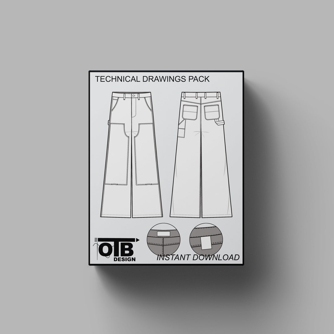 Ultra Baggy Double Knee Carpenter Pants Flat Technical Drawing Blank ...