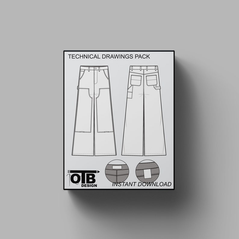 Ultra Baggy Double Knee Carpenter Pants Flat Technical Drawing Blank ...