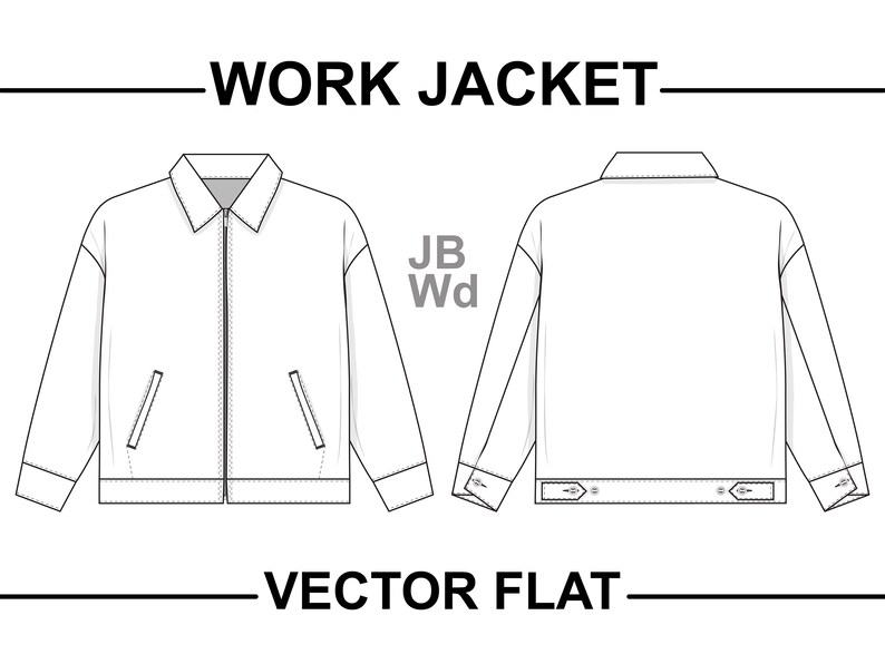 Collared Zip Work Jacket Flat Technical Drawing Illustration Mock-up ...
