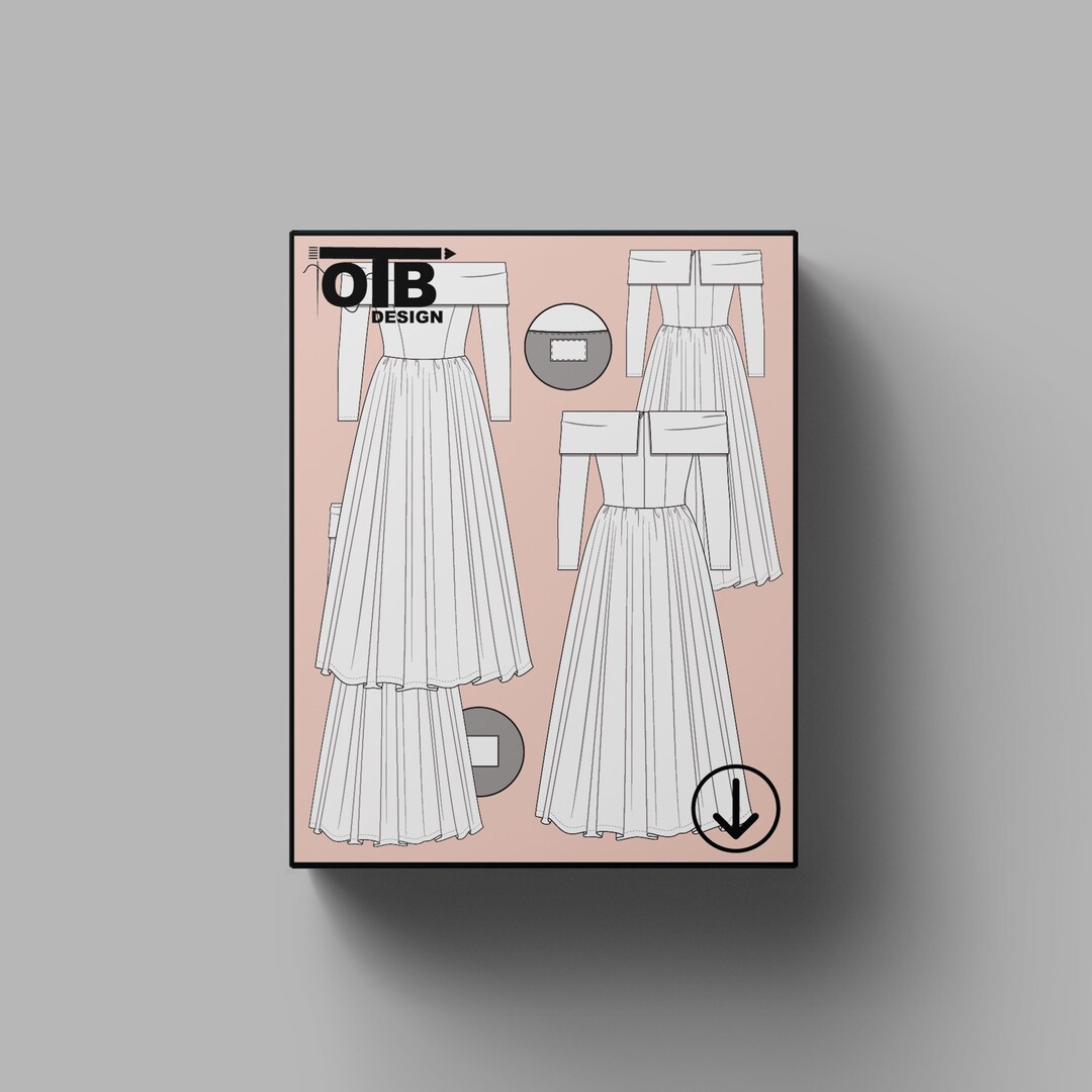 OTB off Shoulder Gown Vector Flat Technical Drawing Illustration ...