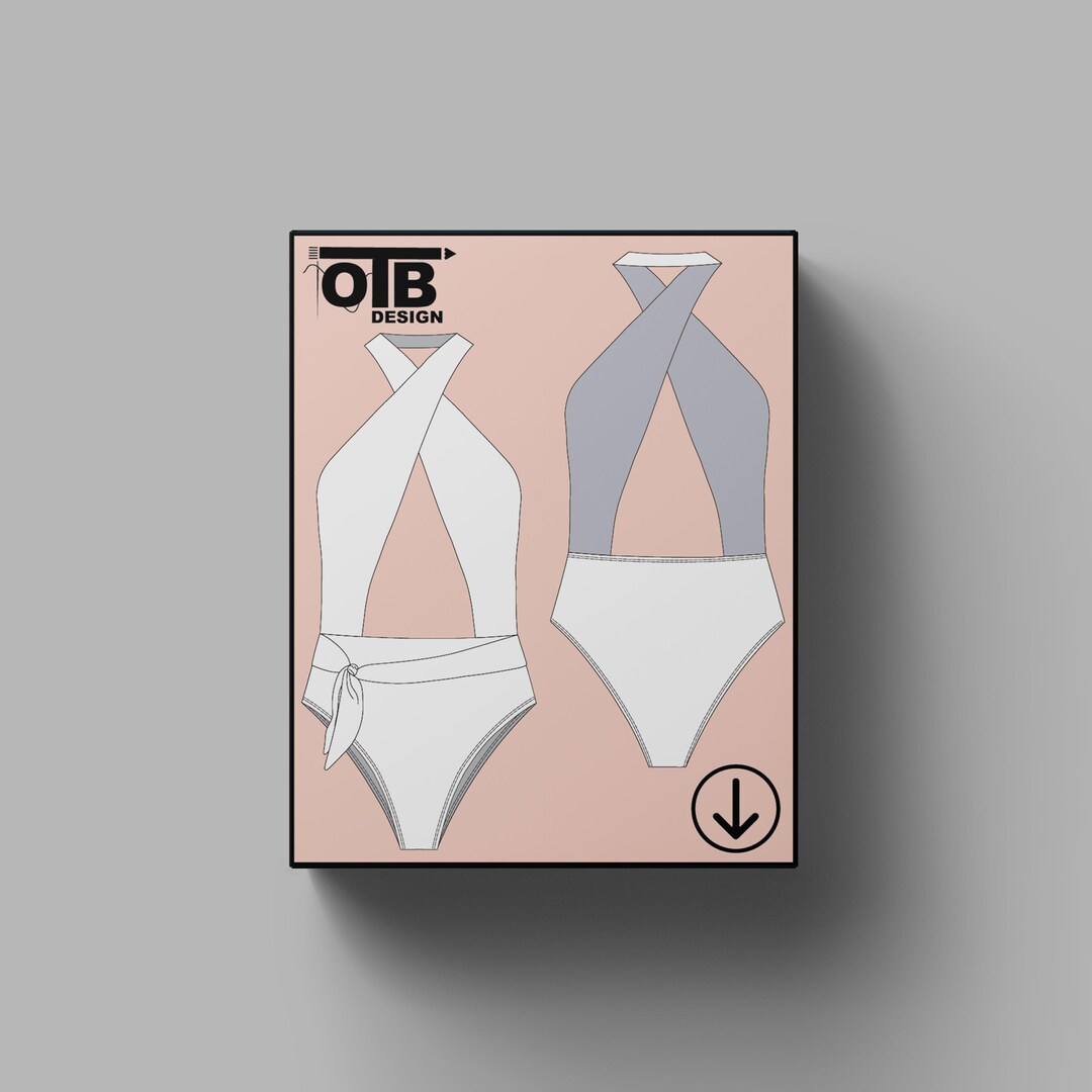 OTB Crossover Halter Swimsuit Vector Flat Technical Drawing ...