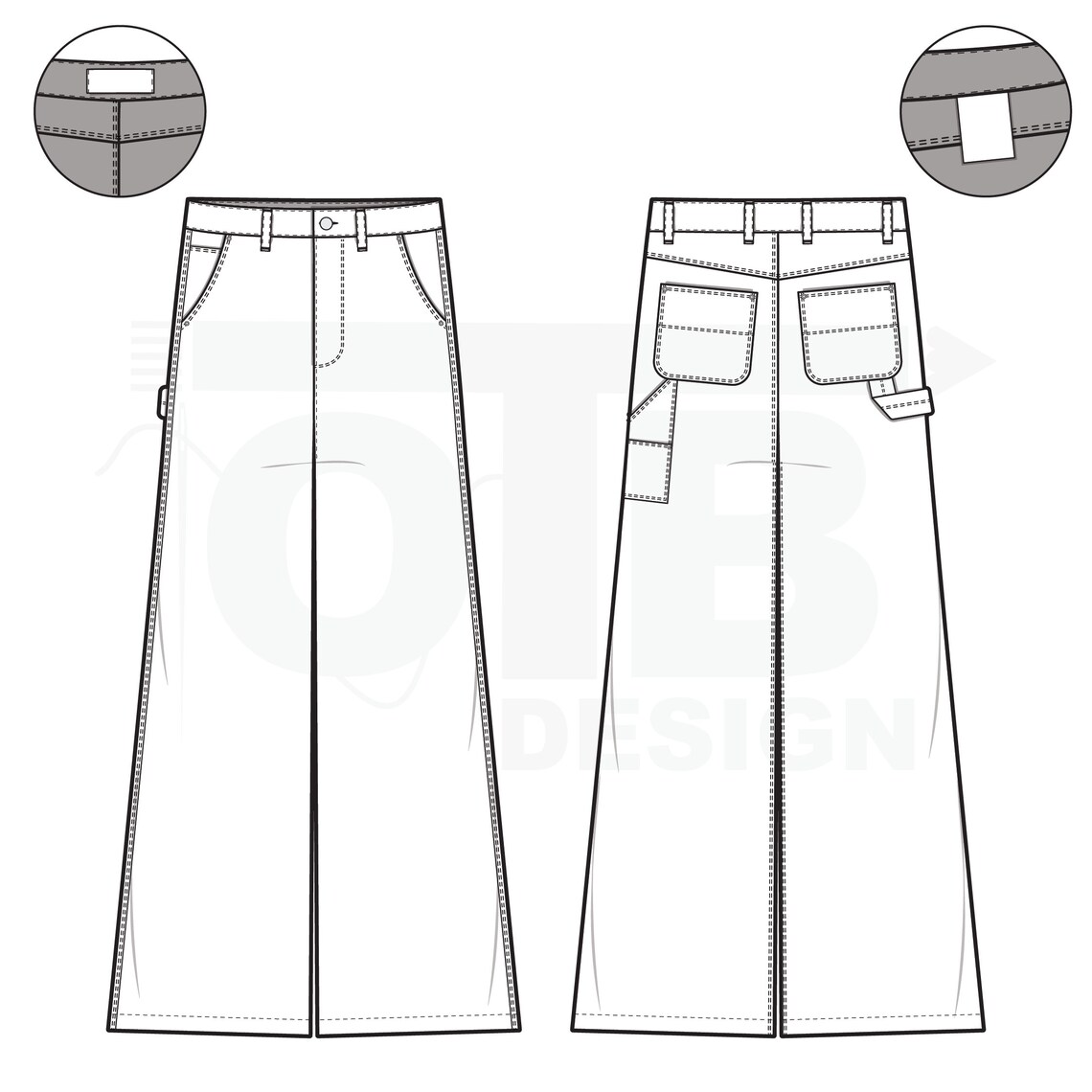 Ultra Baggy Carpenter Pants Flat Technical Drawing Illustration Blank ...