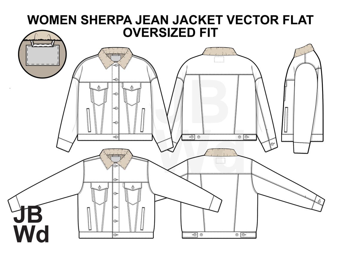Women Sherpa Jean Denim Jacket Flat Oversized Technical Drawing ...