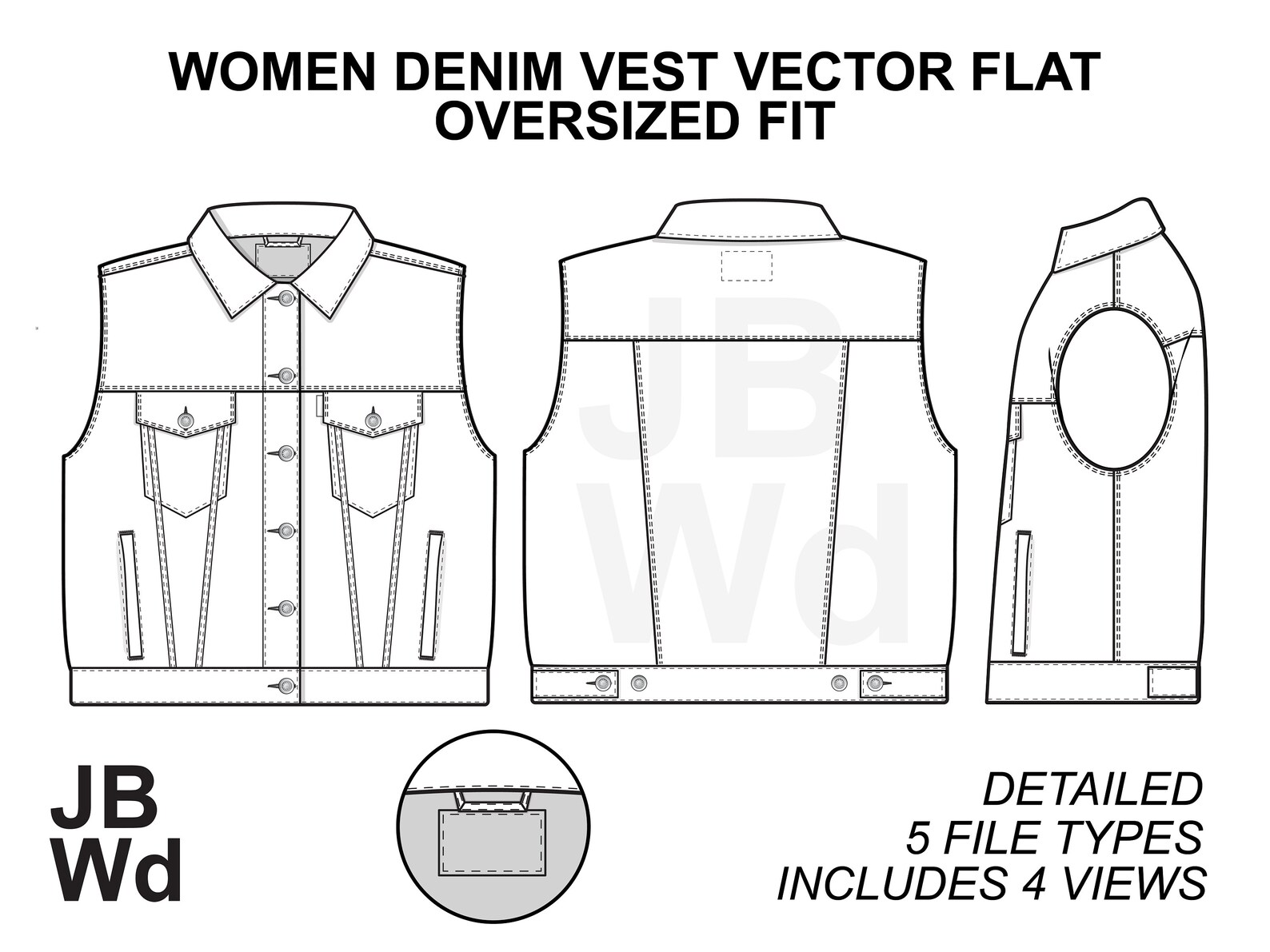 Oversized Women Denim Vest Jacket Flat Technical Drawing Illustration ...