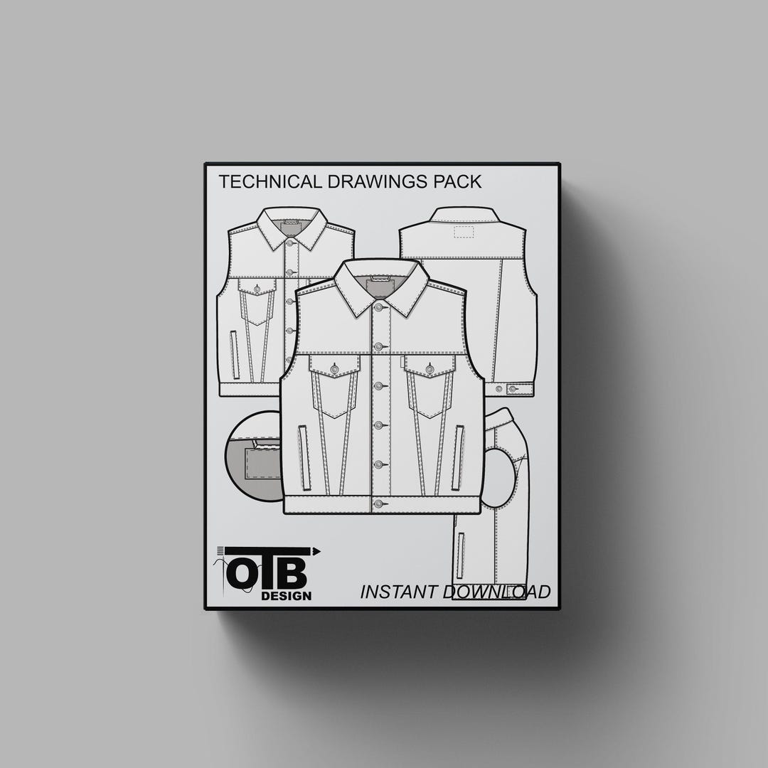 Denim Vest Jacket Flat Technical Drawing Illustration Blank Mock-up ...