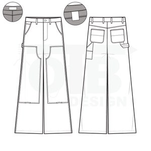 Ultra Baggy Double Knee Carpenter Pants Flat Technical Drawing Blank ...
