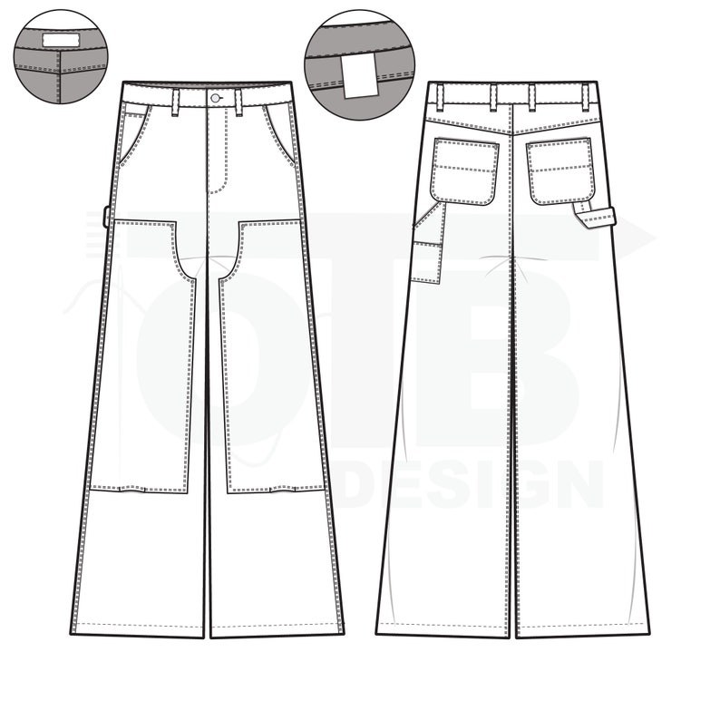 Ultra Baggy Double Knee Carpenter Pants Flat Technical Drawing Blank Workwear Streetwear Mock Up