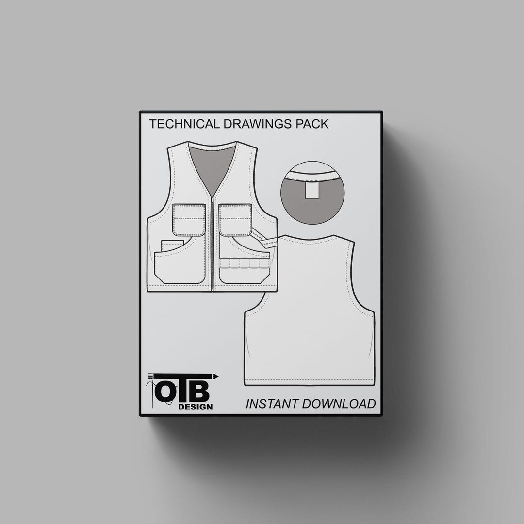 Painters Vest Zip Work Jacket Flat Technical Drawing Illustration Mock ...