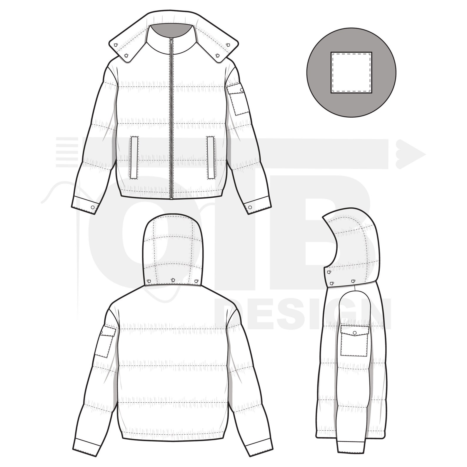 V2 Hooded Puffer Jacket Vector Flat Technical Drawing Illustration ...