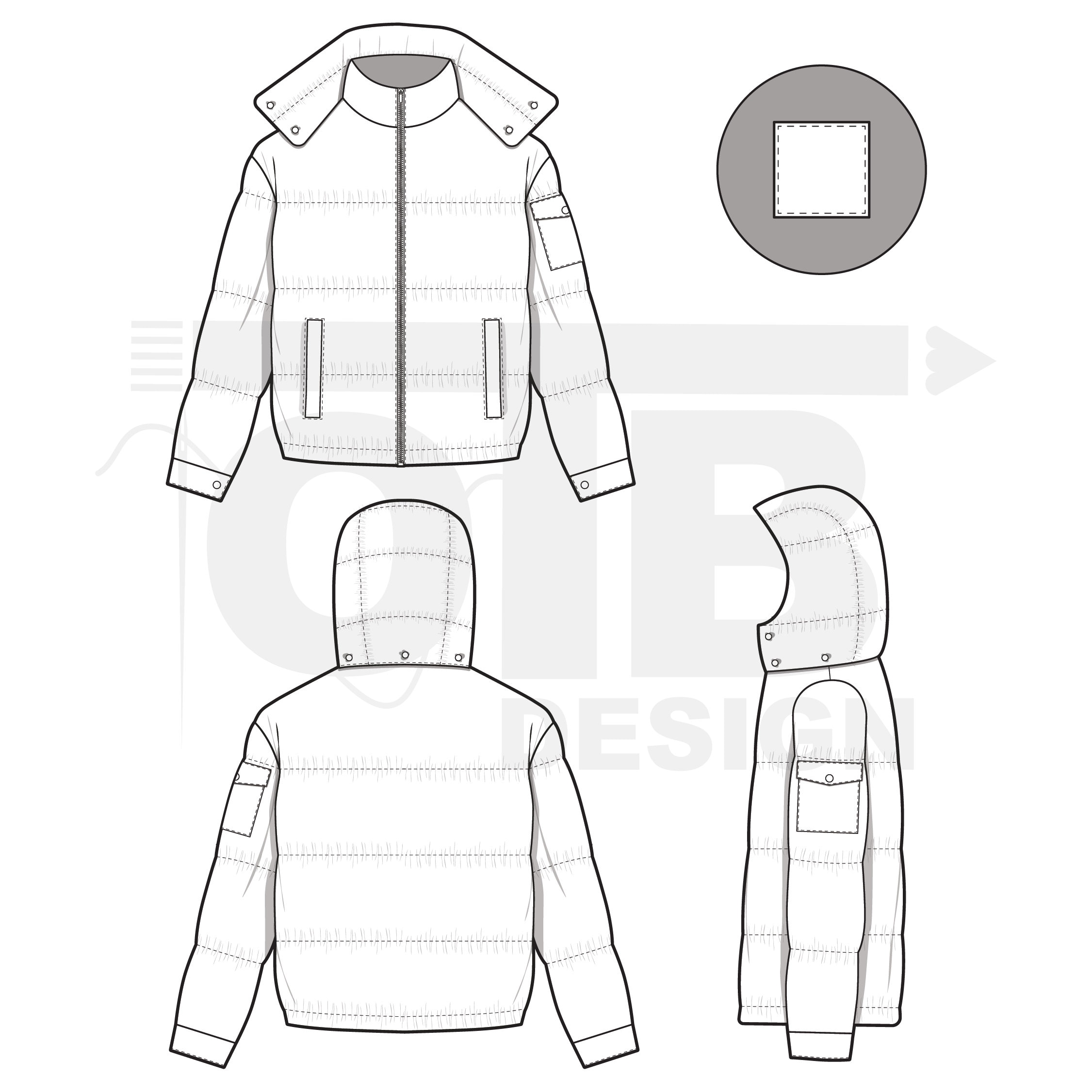 V2 Hooded Puffer Jacket Vector Flat Technical Drawing Illustration ...