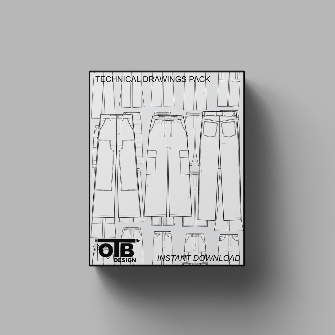 OTB Pants Bundle Vectors Technical Drawing Illustration Blank Tech Pack ...