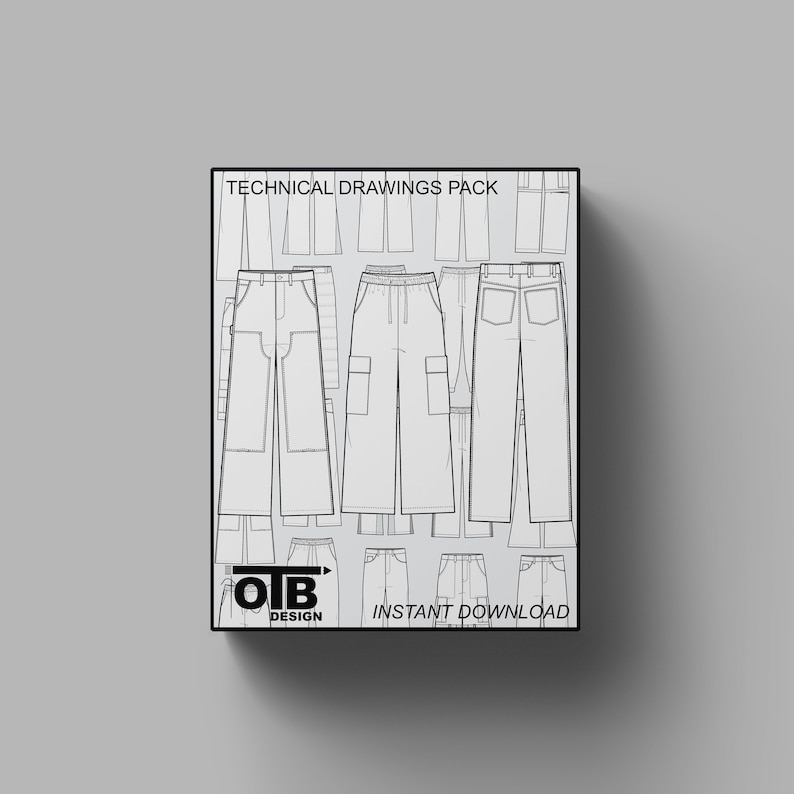 OTB Pants Bundle Vectors Technical Drawing Illustration Blank Tech Pack ...