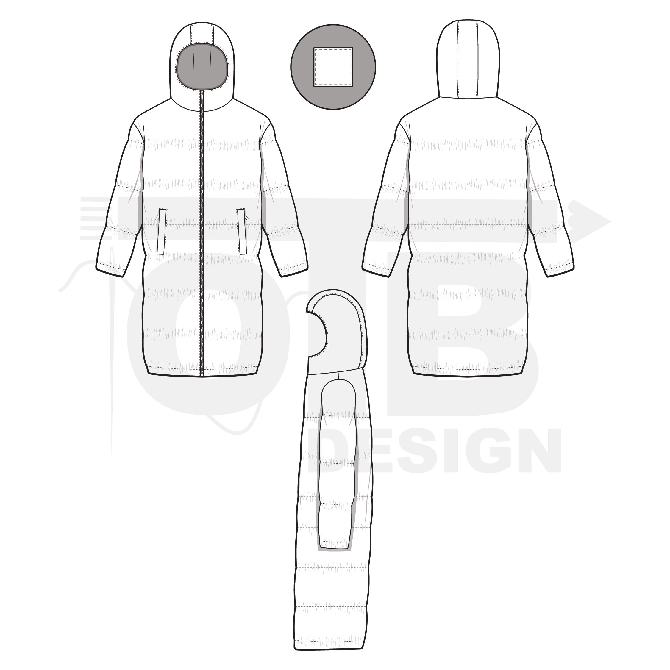Long Hooded Puffer Jacket Coat Vector Flat Technical Drawing ...