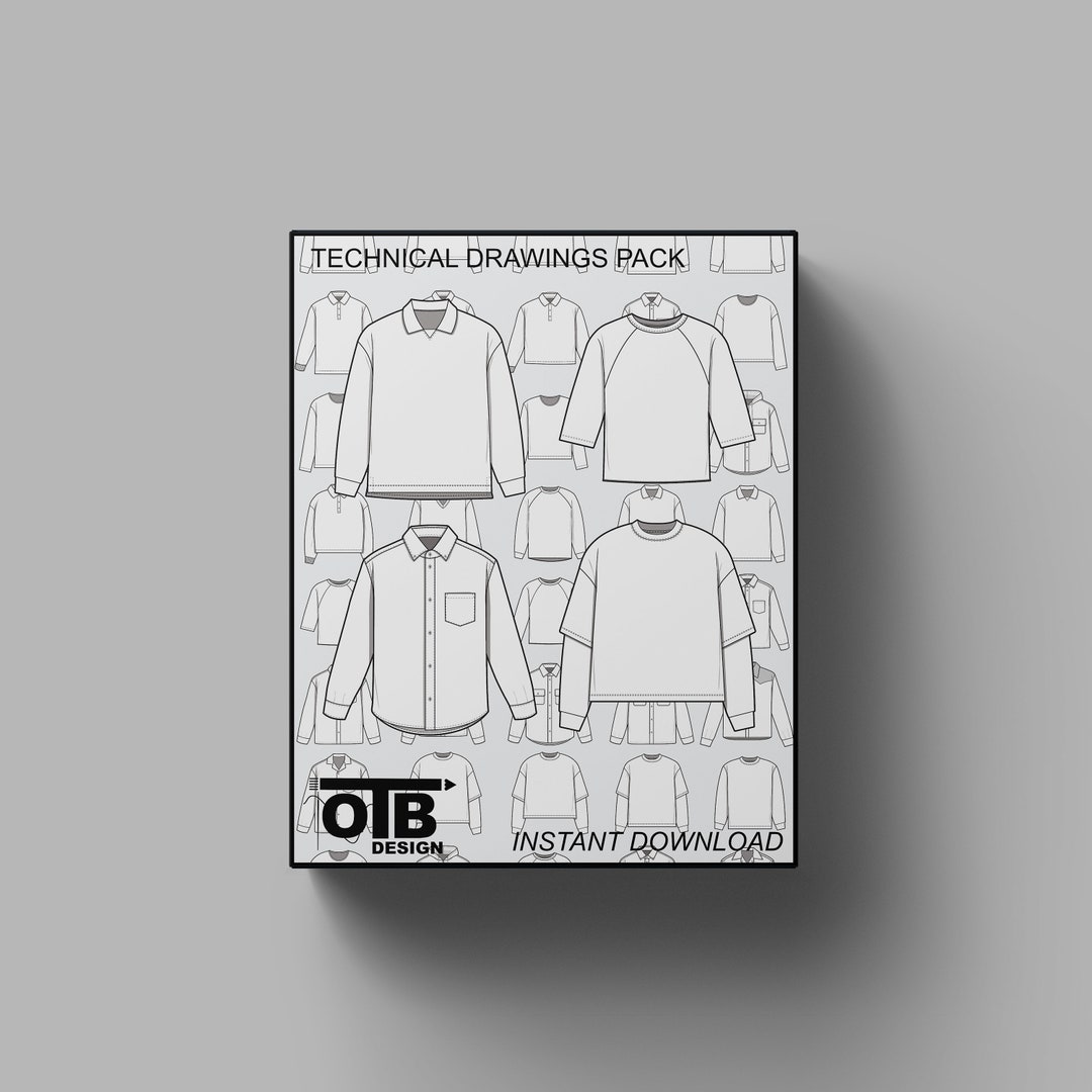 OTB Long Sleeve Tops Bundle Vectors Technical Drawing Illustration Blank Tech Pack Streetwear ...