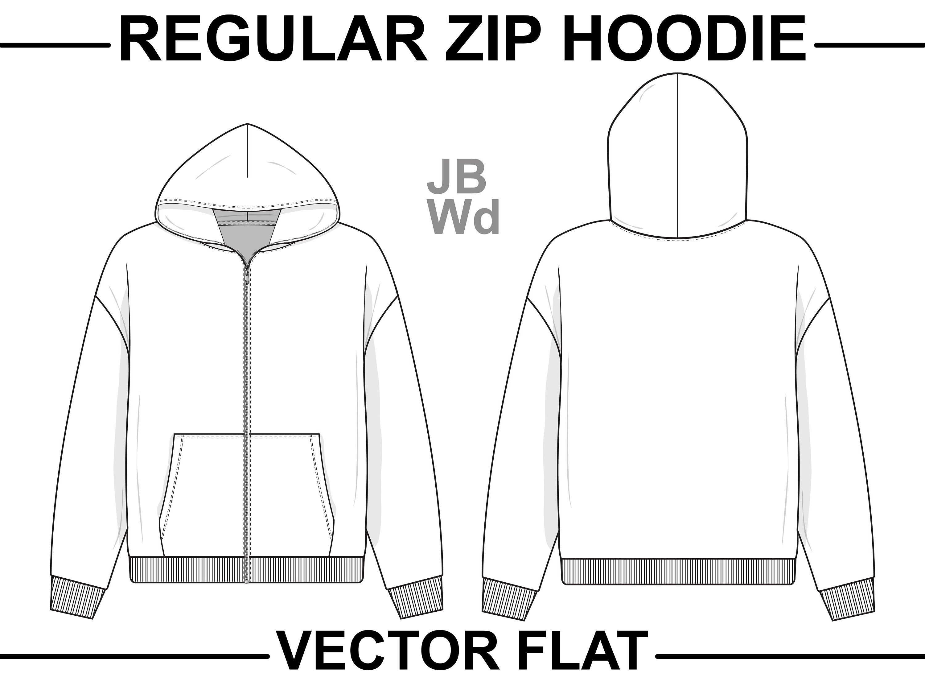 Classic Full Zip Hoodie Sweatshirt Flat Technical Drawing Illustration