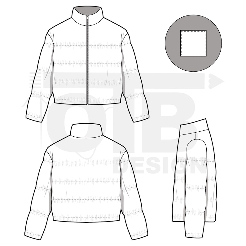 Cropped Zip Puffer Jacket Vector Flat Technical Drawing Illustration ...