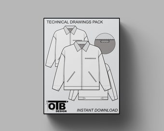 Collared Zip Work Jacket Flat Technical Drawing Illustration Mock-up ...
