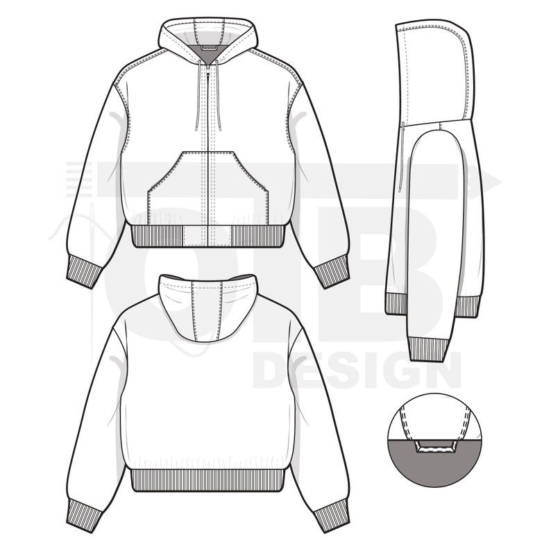 Cropped Hooded Work Jacket Vector Flat Technical Drawing Illustration ...