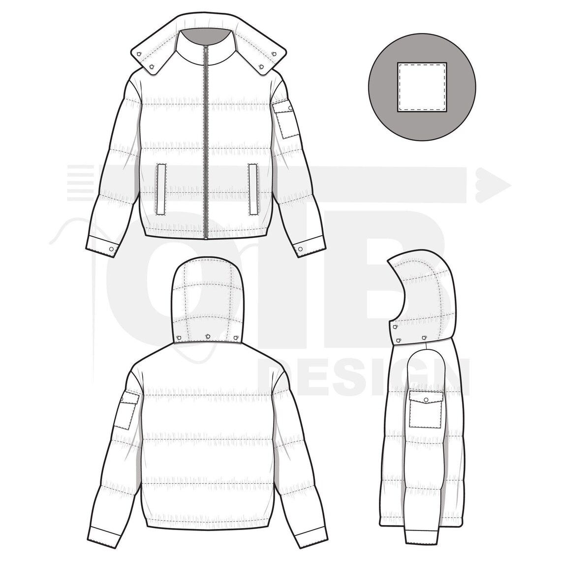 V2 Hooded Puffer Jacket Vector Flat Technical Drawing Illustration ...