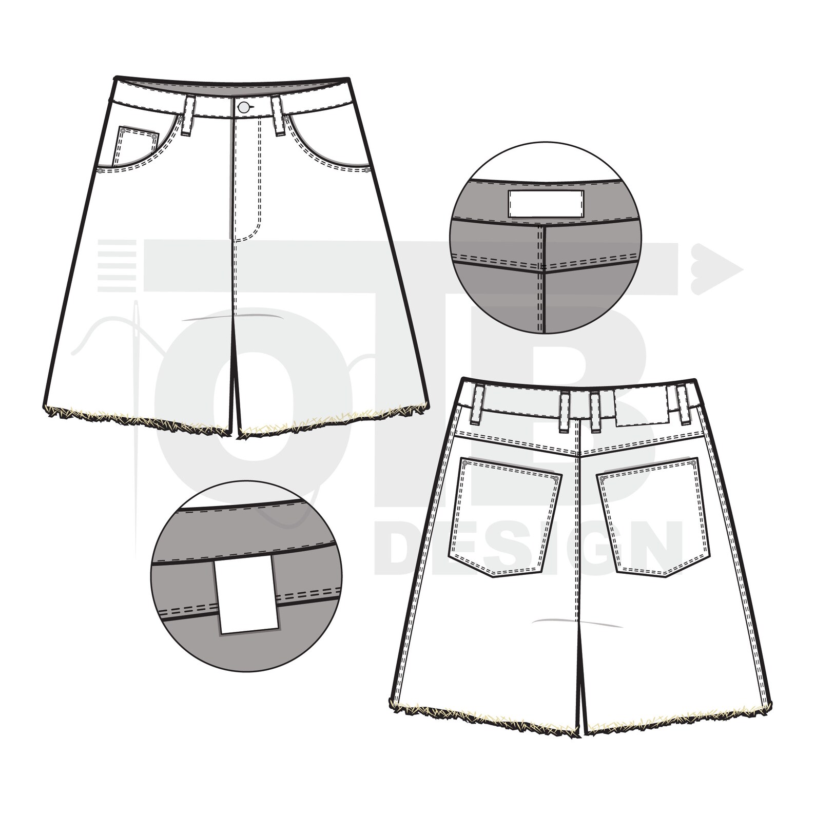 Loose Cutoff Distressed Jean Shorts Vector Flat Technical Drawing ...