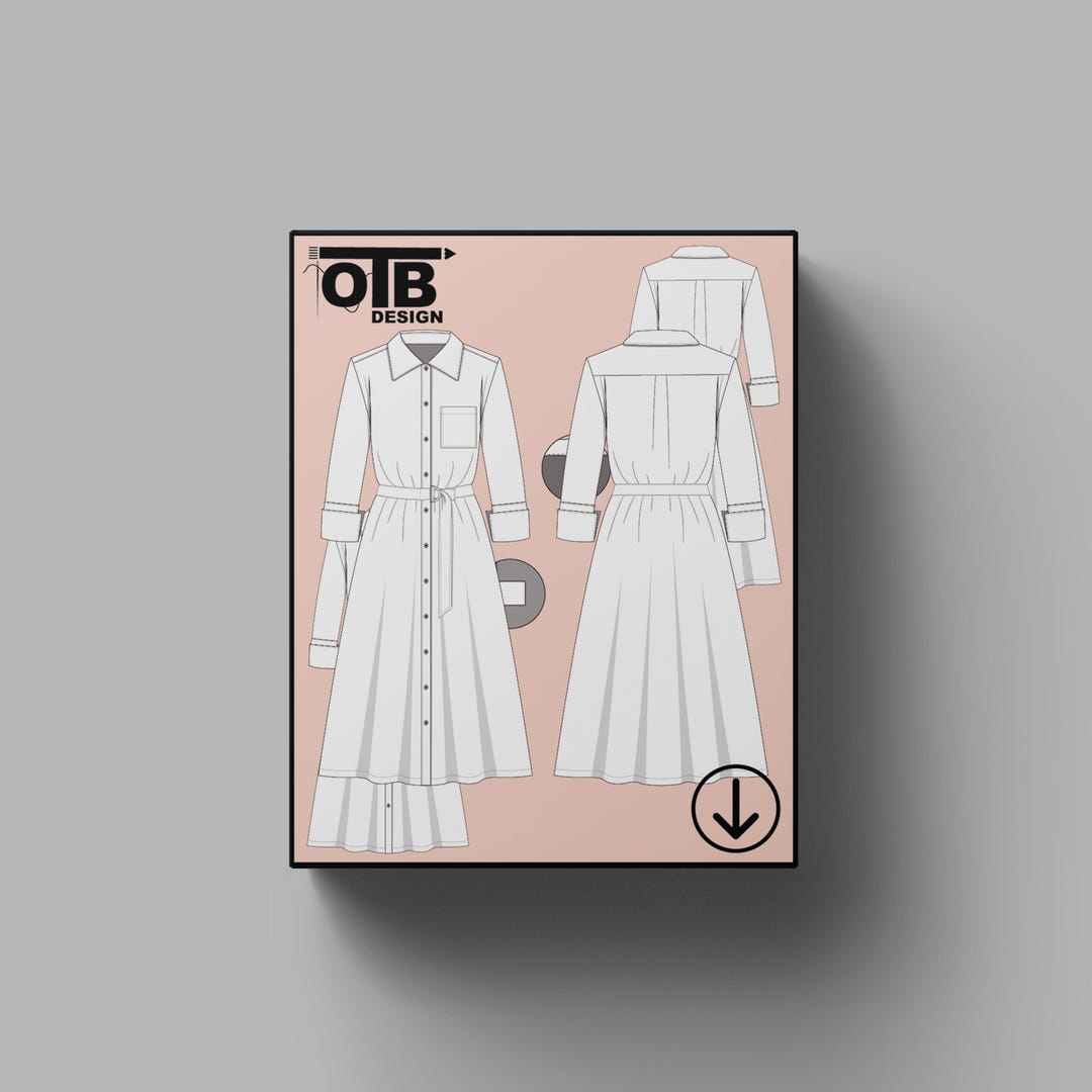 OTB Belted Midi Shirt Dress Vector Flat Technical Drawing Illustration ...