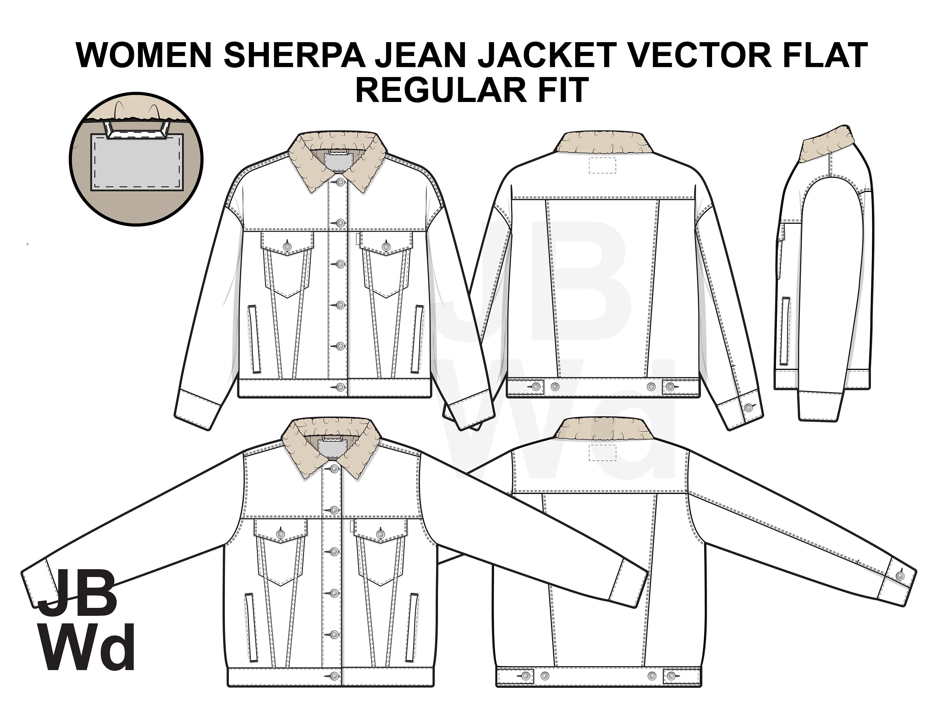 Women Sherpa Jean Denim Jacket Flat Regular Fit Technical Drawing ...