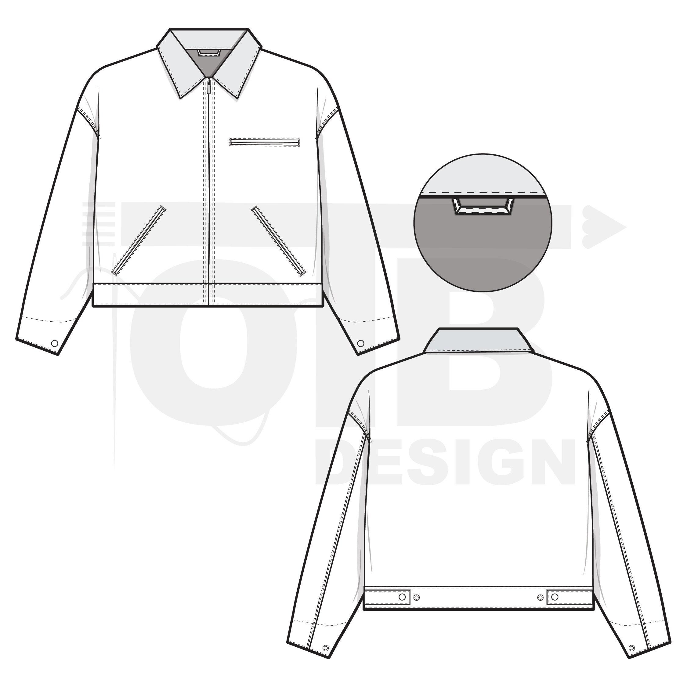 V2 Cropped Collared Zip Work Jacket Flat Technical Drawing Illustration ...