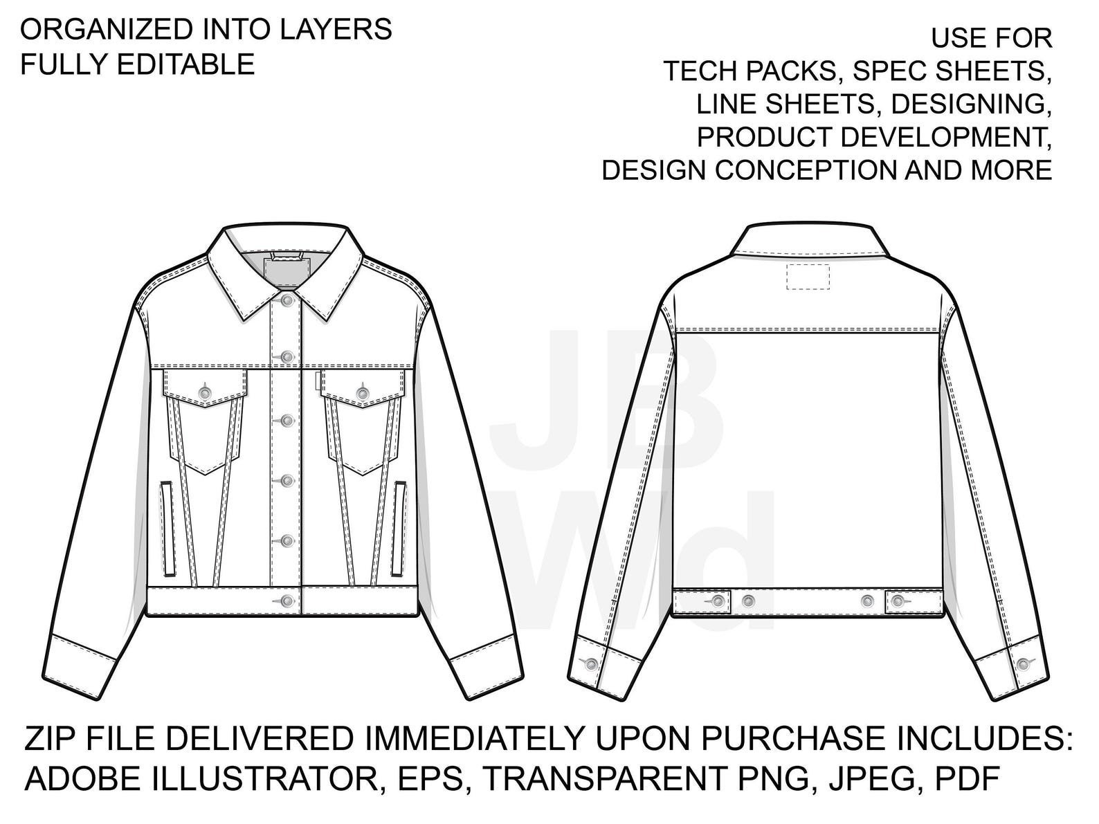 Women Jean Denim Jacket Cropped Flat Technical Drawing Illustration ...