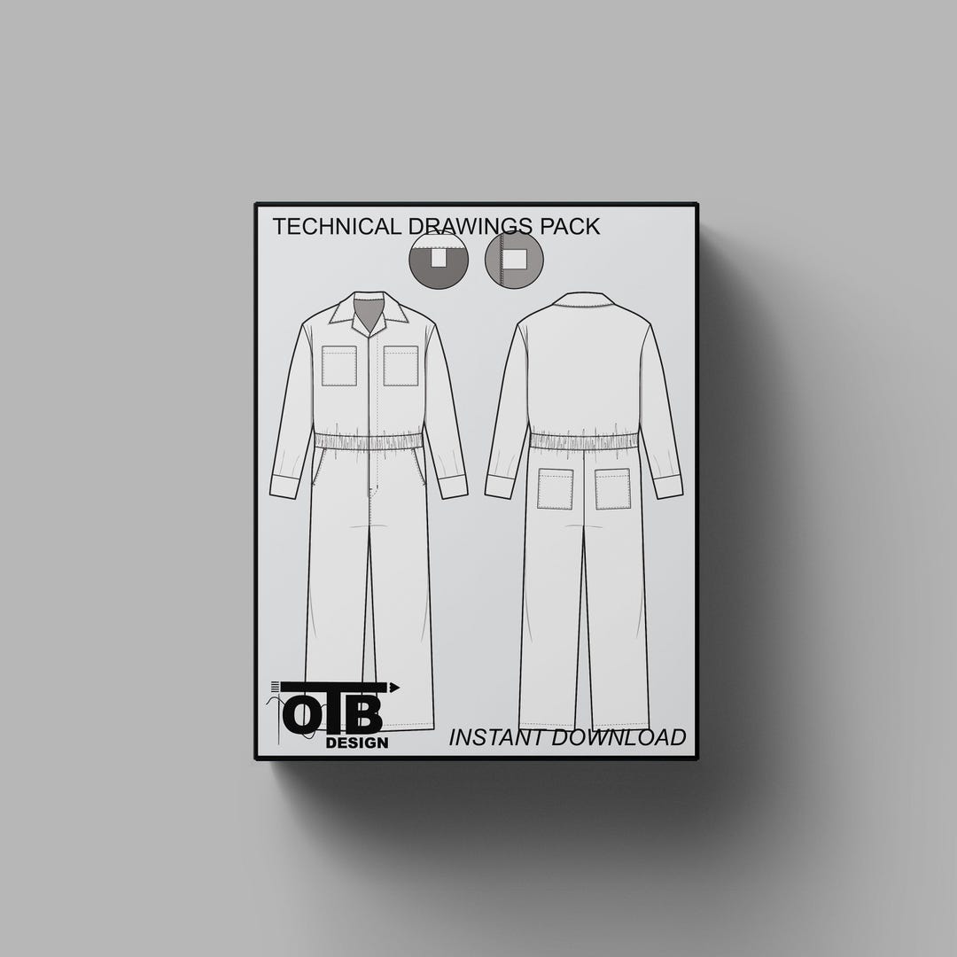 Long Sleeve Coveralls Jumpsuit Collared Vector Flat Technical Drawing ...