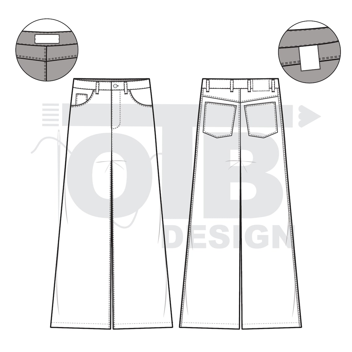 Ultra Baggy Jeans Vector Flat Technical Drawing Illustration Blank ...